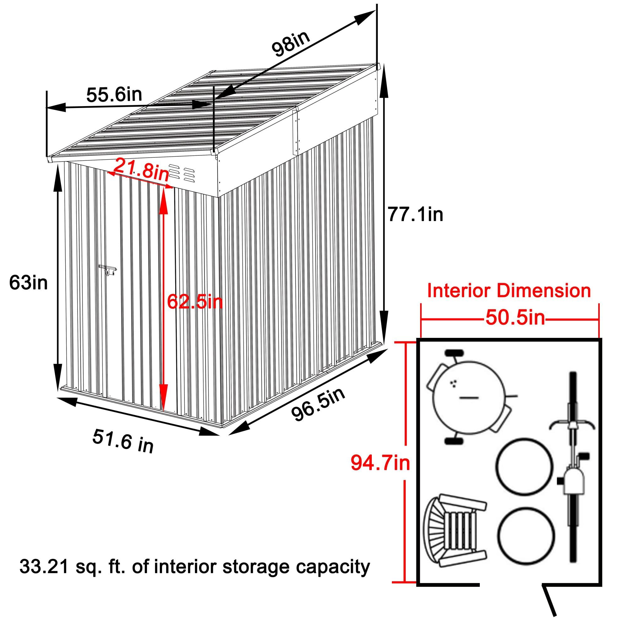 MUPATER 4x8 FT Outdoor Storage Shed with Lockable Door, Metal Lean to Shed Garden Tool Storage Shed House, Storage Shed Kit for Patio, Backyard, Lawn, Grey