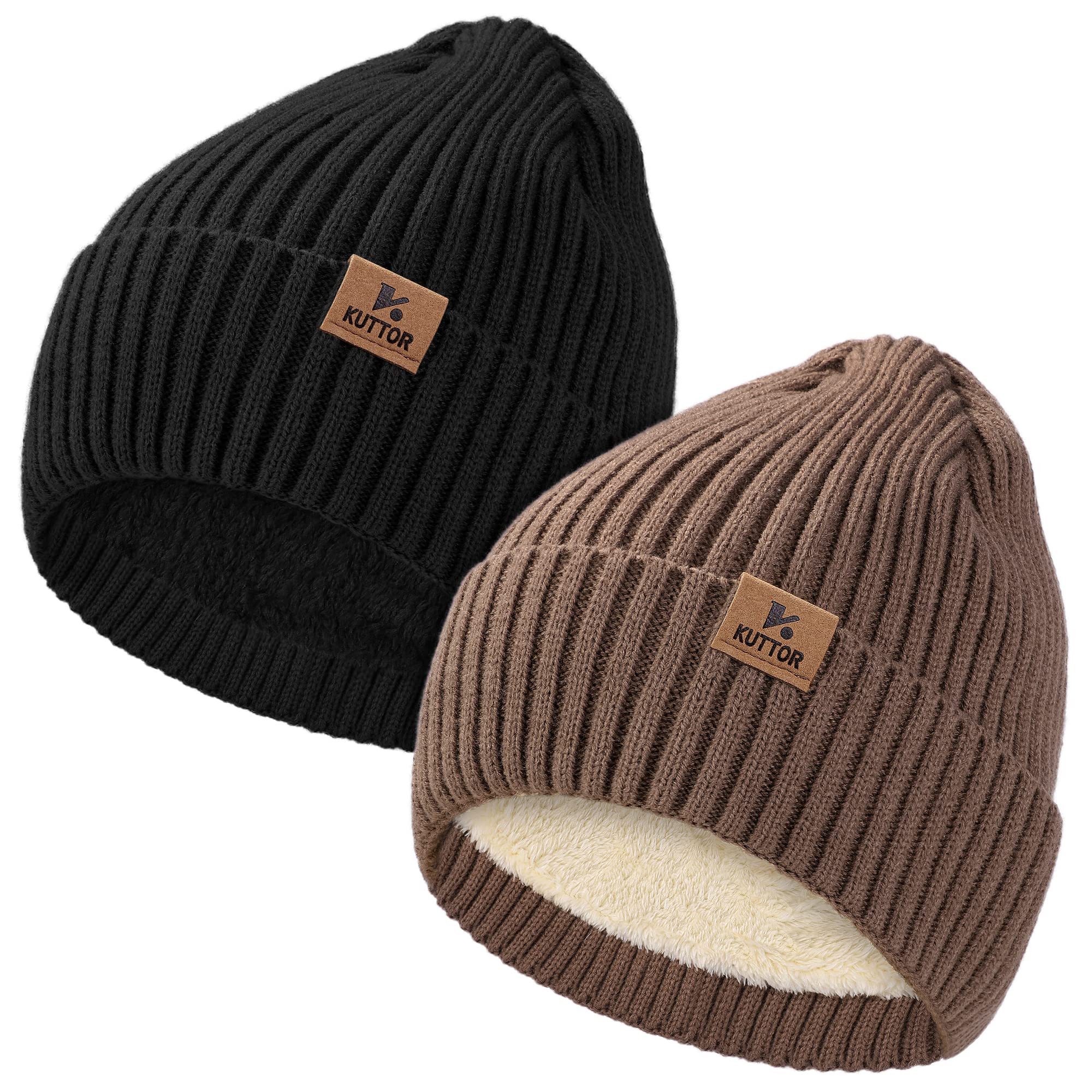 KUTTOR 2 Pack Unisex Knit Beanie Hat Winter Skull Knitted Cuff Cap Roll-up Edge Cuffed Plain Hat for Men Women Black, Khaki