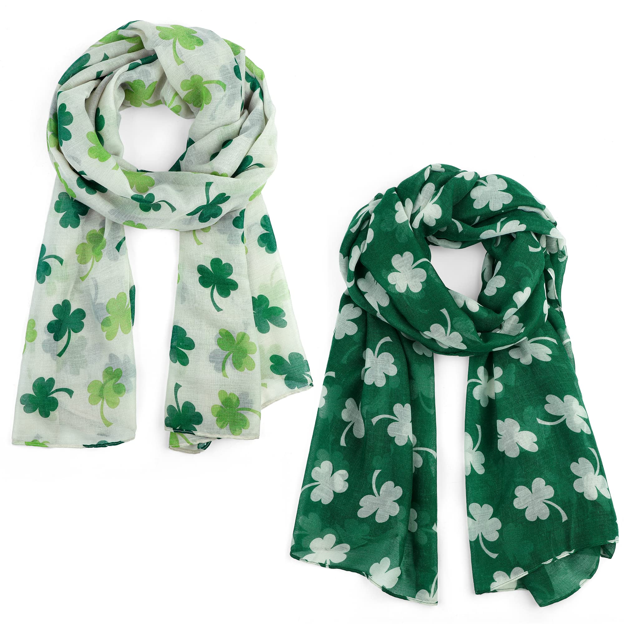 KUTTOR 2 Pack Women's St Patrick's Day Long Shamrock Scarf Irish Clover Silky Stripe Irish Theme Print Wrap Shawls for Women