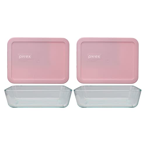 Pyrex (2) 7210 3 Cup Glass Dishes & (2) 7210-PC Loring Pink Lids Made in the USA