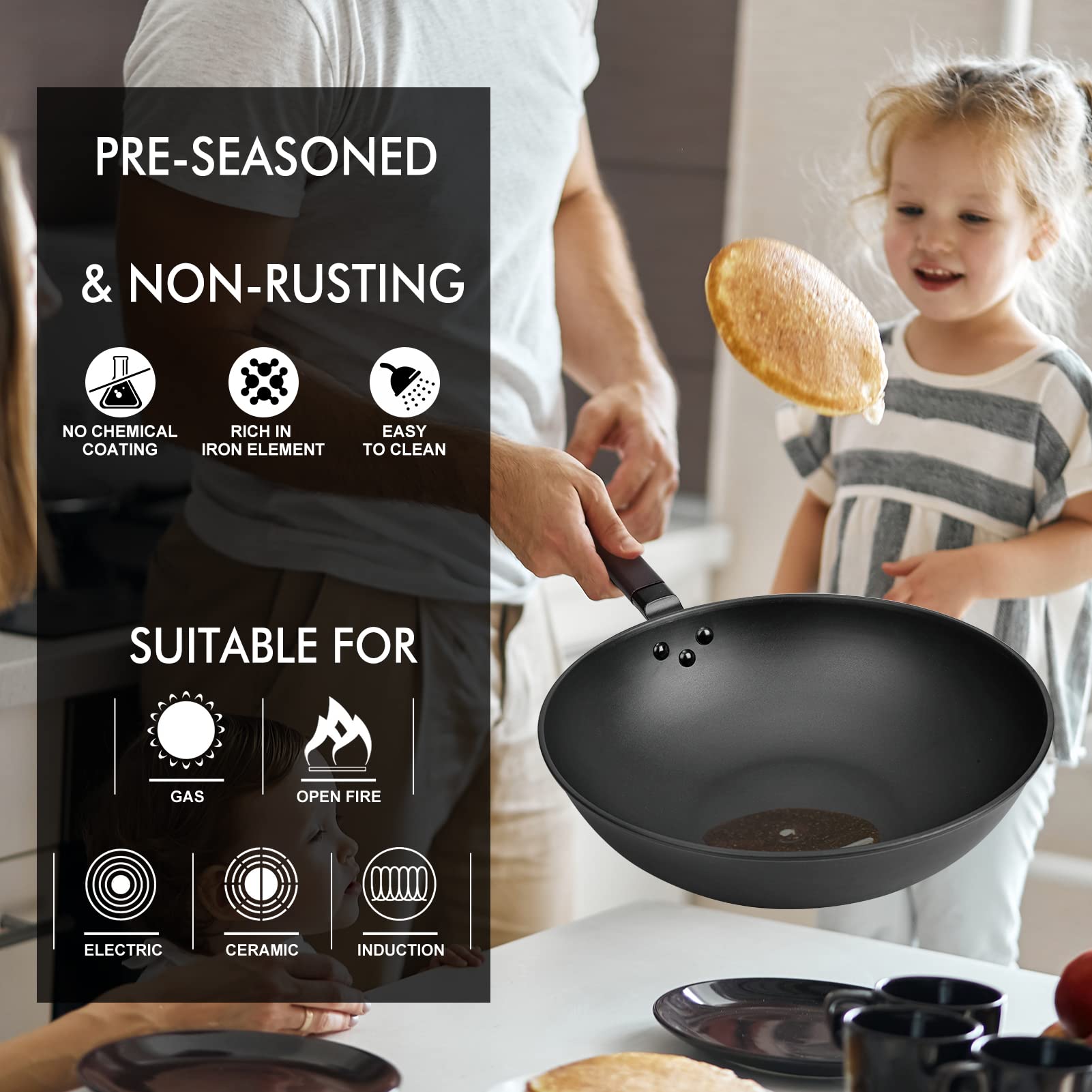 teewe 13.4” Chinese Wok Round Bottom Wok & 12.9” Wok Pan with Lid, Woks & Stir-fry Pans with 12 Cookware Accessories Bundle Deal