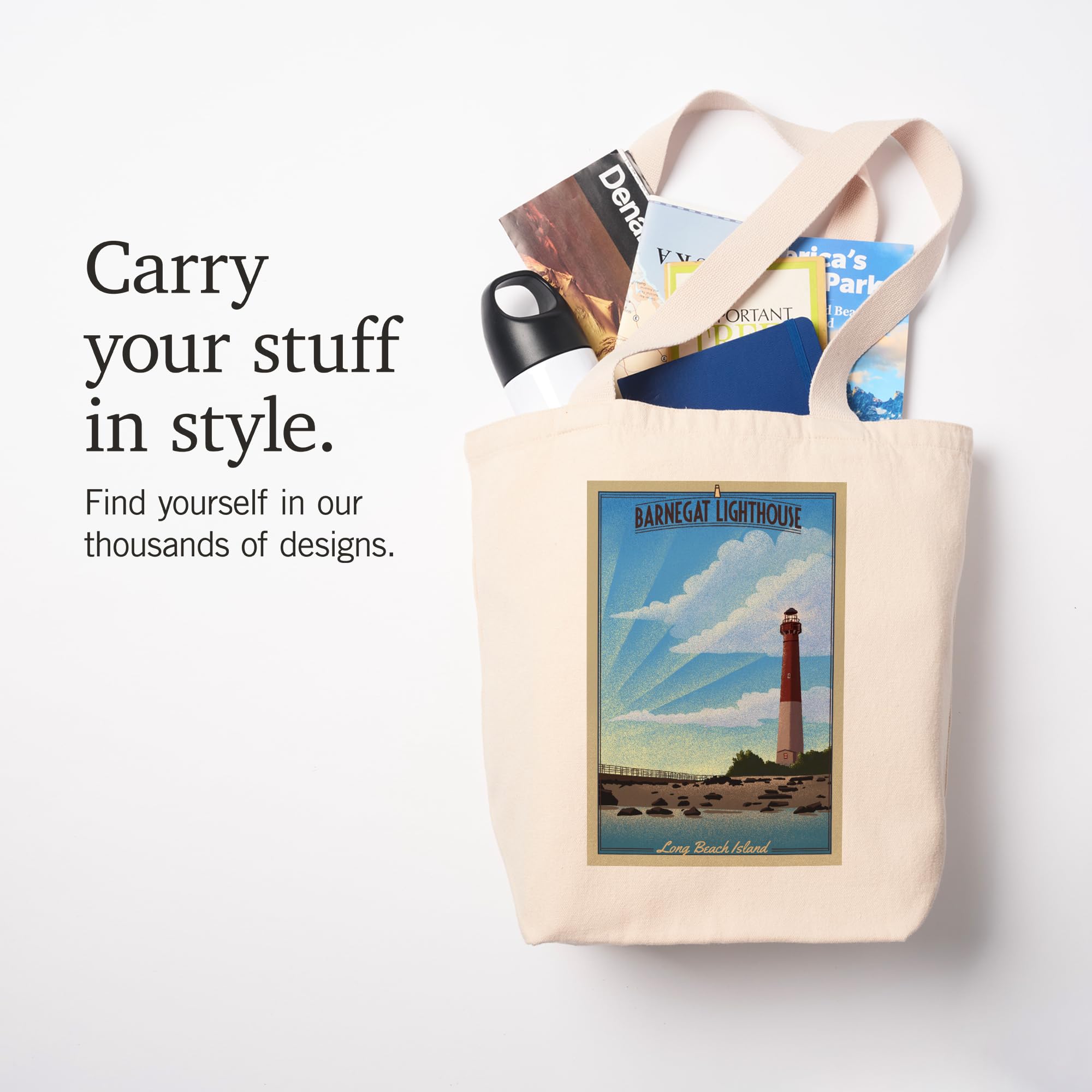 Lantern Press Long Beach Island, New Jersey, Barnegat Lighthouse, Lithograph (100% Cotton Canvas Reusable Tote Bag)