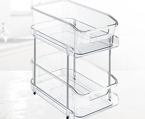 JUPELI 2 Tier Clear Bathroom Organizer with Dividers, Multi-Purpose Pull-Out Pantry Organization and Storage, Under Sink Closet Organizers and Storage, Vanity Skincare Cosmetic Organizer Medicine Bins