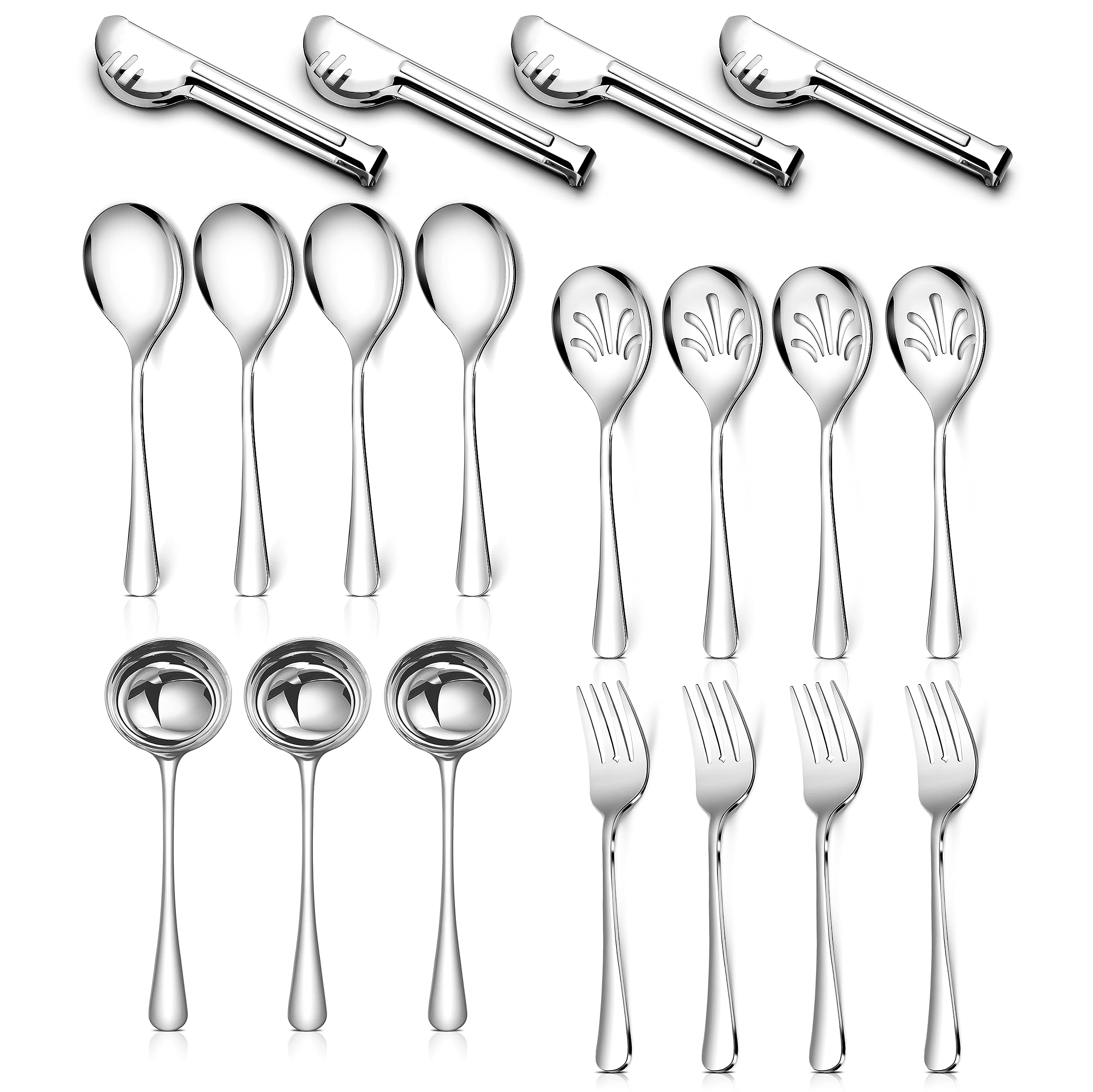 Teivio Stainless Steel Serving Utensils Set, Include Large Set of 19 Pieces - Serving Spoons, Slotted Spoons, Serving Forks, Serving Tongs and Soup Ladles, for Catering/Buffet/Chafing Dish (Silver)