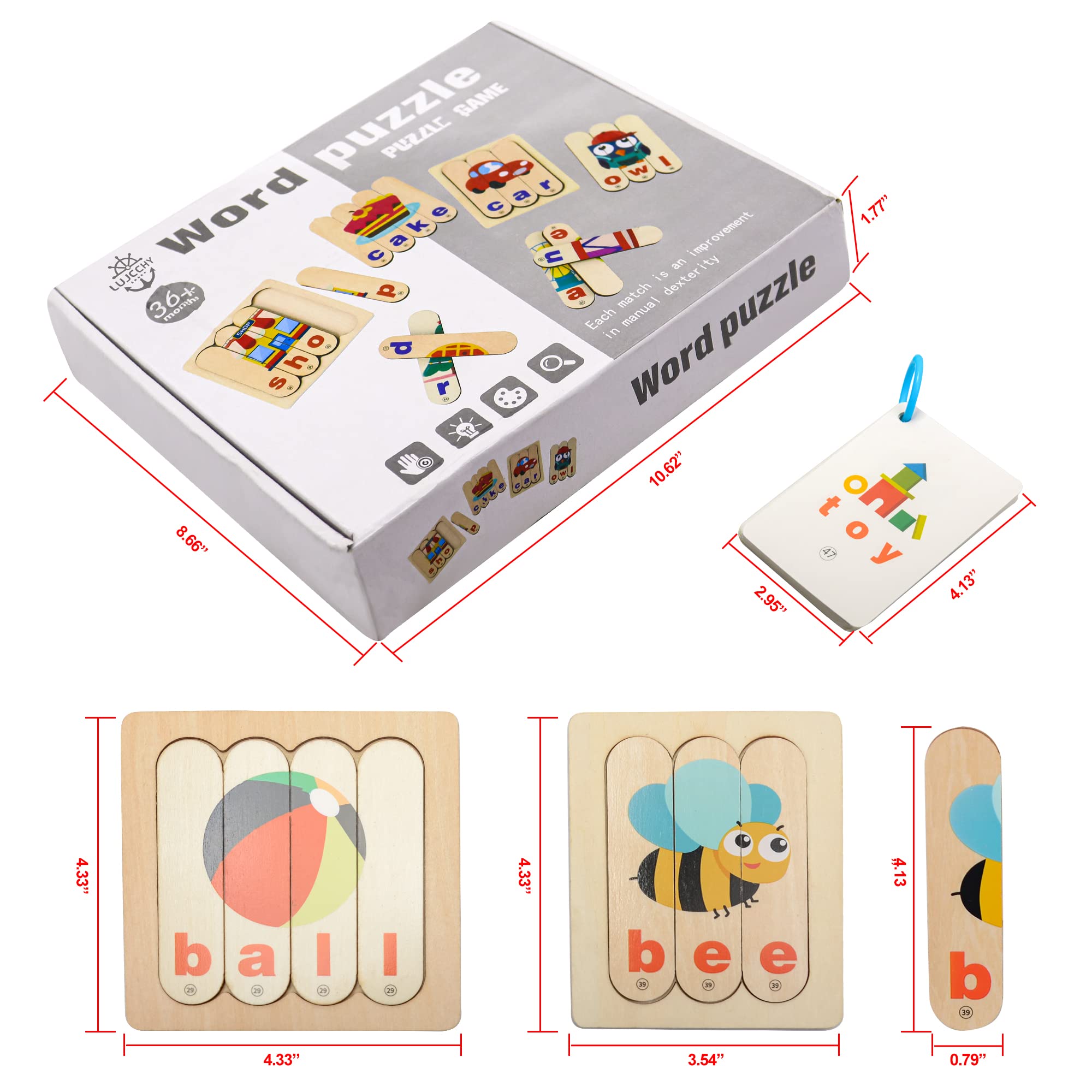 LUJCCHY Wooden Short Vowel Reading Letters Sorting Spelling Games, Sight Words Flashcards Alphabet Puzzle Montessori Educational Toy Gift for Kids 3 4 5 Years Old