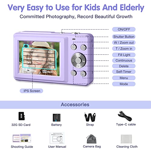 Newest Digital Camera, 1080P Digital Camera for Kids with 32GB Card Anti-Shake, Portable Point and Shoot Camera Fill Flash 16X Zoom, Small Camera