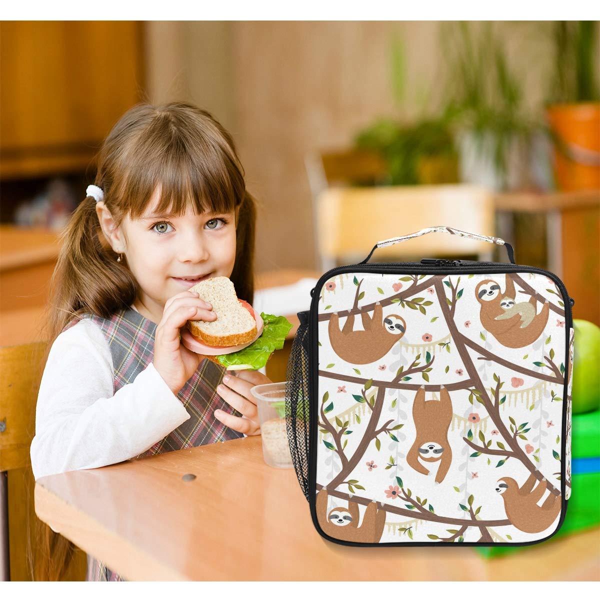 Lunch Box Bag Cute Animal Sloth Flower Leaves Lunchbox Insulated Thermal Cooler Ice Adjustable Shoulder Strap for Women Men Boys Girls