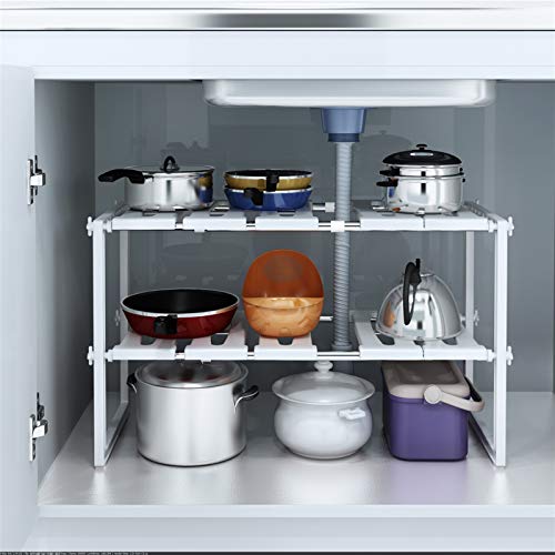 Multifunctional Kitchen Storage Expandable Under Sink Organizer - Storage Rack with Removable Shelves and Steel Pipes Storage Organization Racks & Holders Under-Sink Organizers White