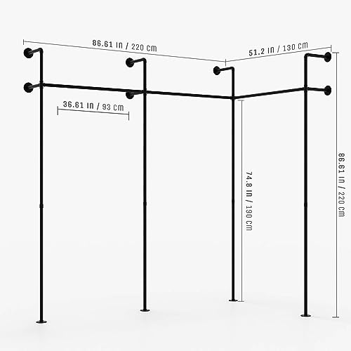 pamo Industrial Loft Design Kim III Edge Clothes Rail Over Corner Coat Rack for Walk-In Wardrobe Wall I Bedroom Clothes Rack Made of Black Sturdy Tubes for Wall Mounting