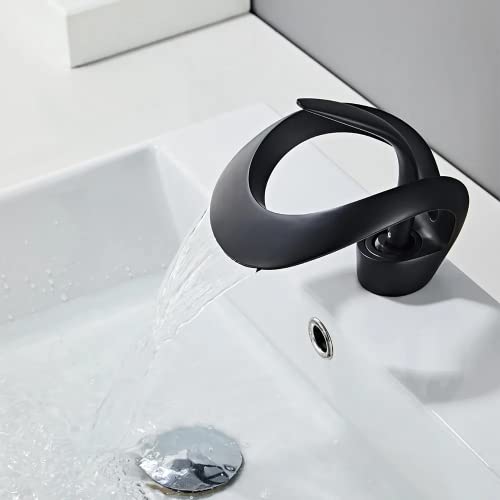 Lovedima Elegant Waterfall Single Handle 1-Hole Bathroom Vessel Sink Faucet Solid Brass Lavatory Vanity Sink Faucet,Black
