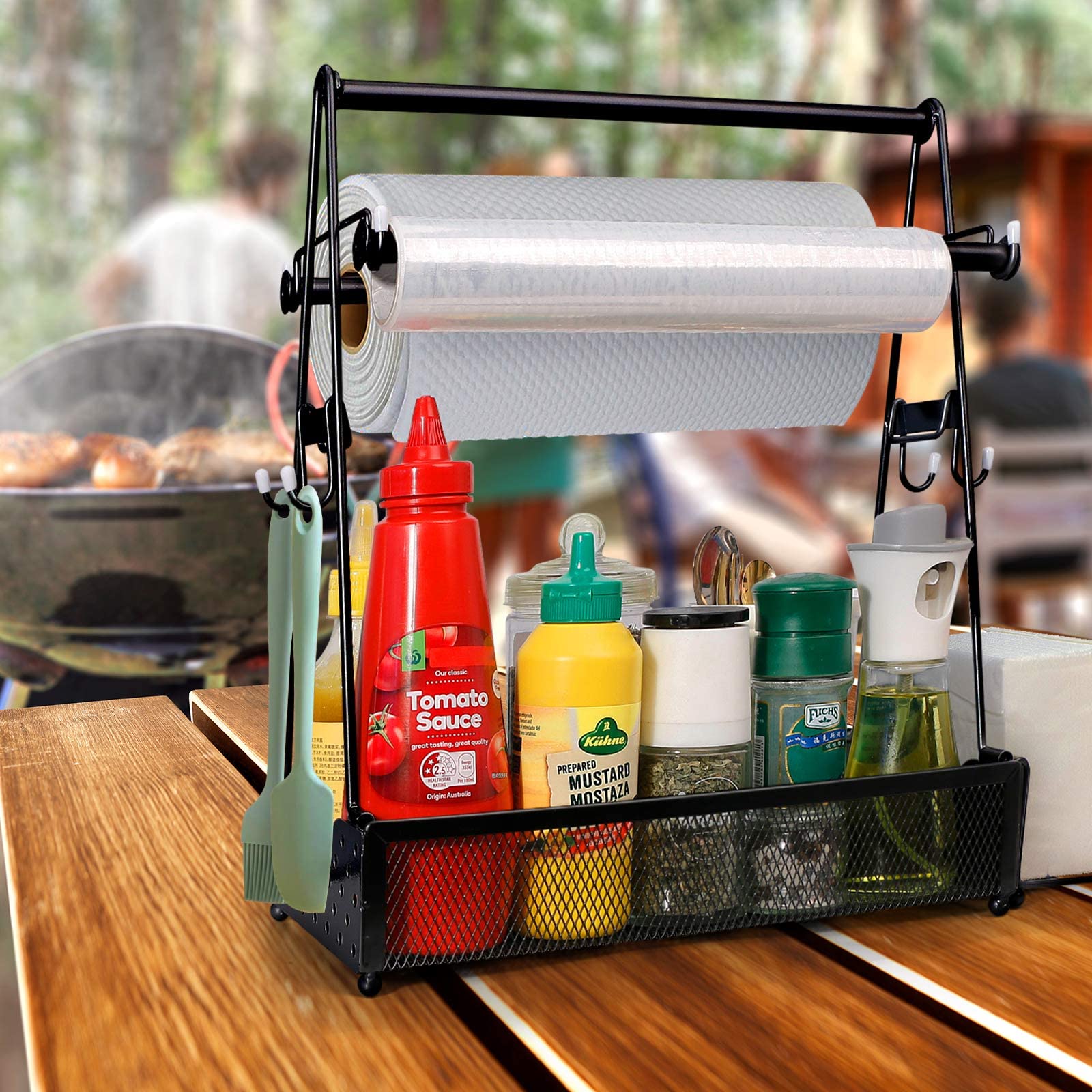 LAPACKER Grill Utensil Caddy, BBQ Silverware Caddy with Paper Tower Holder, Picnic Condiment Caddy Utensil Cutlery Holder for Out Grilling, Camping Accessories Organizer for Rv and Patio