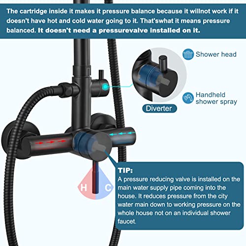 Outdoor Shower Fixture Set Matte Black SUS 304 Stainless Steel 8 Inch Rainfall Shower Head with Cylinder Handheld Spray Wall Mount Adjustable Slide Bar One Handle Shower Faucet