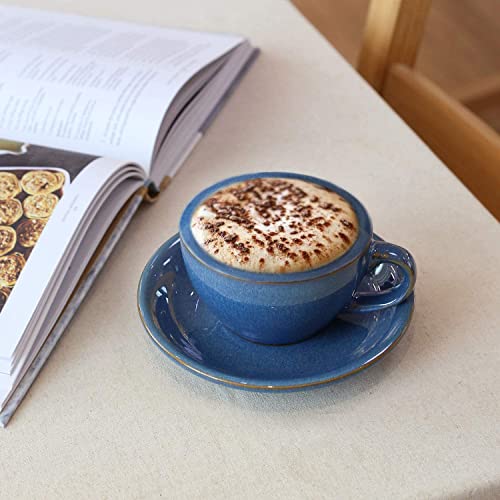 LE TAUCI 6 oz Cappuccino Cups with Saucers,Ceramic Coffee Cup for Au Lait, Double shot, Latte, Cafe Mocha, Tea - Set of 4, Ceylon Blue