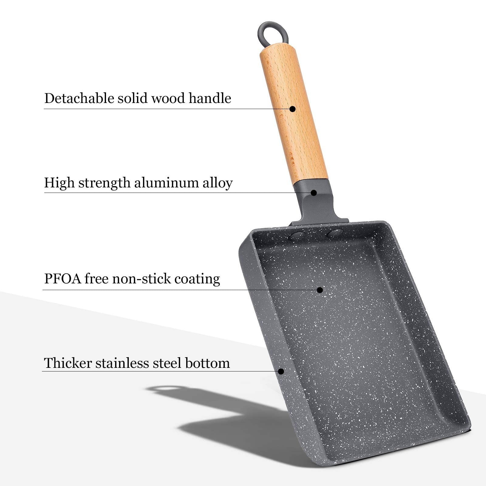 LISOS Tamagoyaki Pan Square Japanese Omelette Pan,Non-stick Egg Roll Pan,Rectangle Frying Pan Wood Handle,with Silicone Brush & Black silicone spatula,Grey