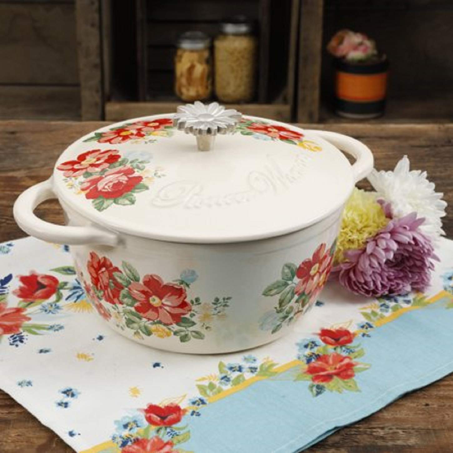 The Pioneer Woman Timeless Beauty Vintage Floral 3-Quart Enameled Cast Iron Casserole w/Lid