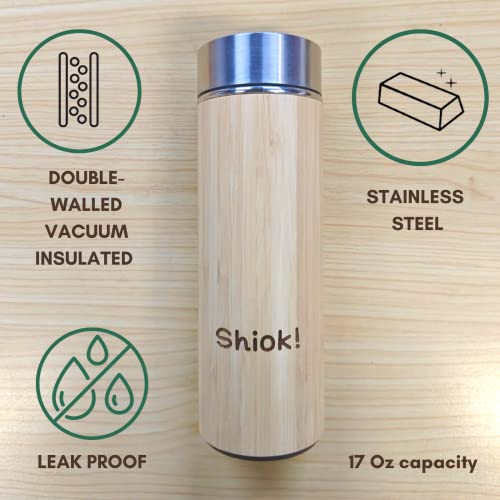 Shiok! Premium Bamboo Tea Tumbler with Strainer. 17 Oz Capacity Stainless Steel Thermos. Durable Double Walled Vacuum Insulated Travel Mug with filter. Keeps Hot & Cold up to 12hrs