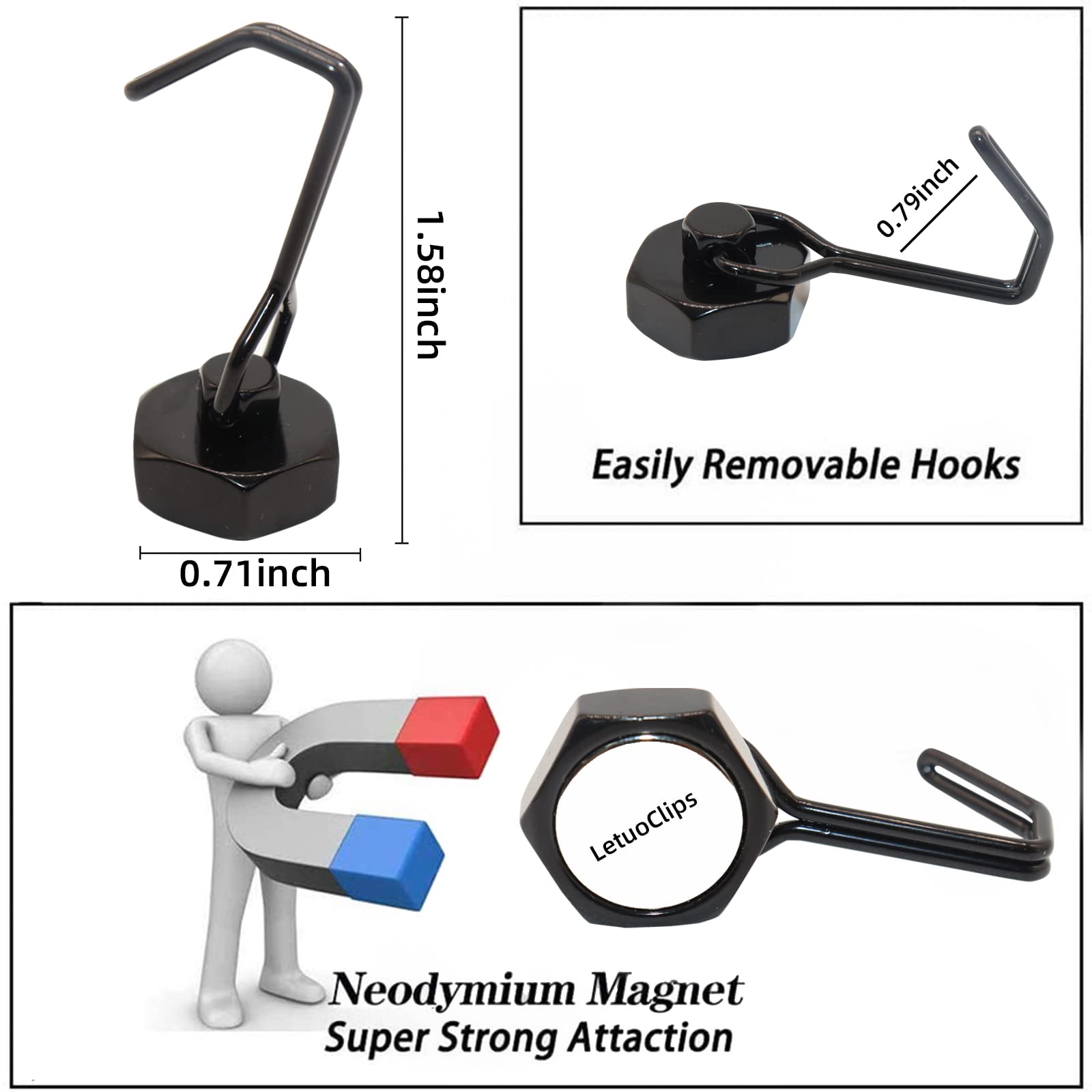 Magnetic Hooks,Heavy Duty Magnet Hooks LetuoClips Neodymium Swivel Hook Magnets for Fridge,Grill Utensils Tools,Refrigerator, Indoor Outdoor Hanging,Key Holder, Black, Pack of 4