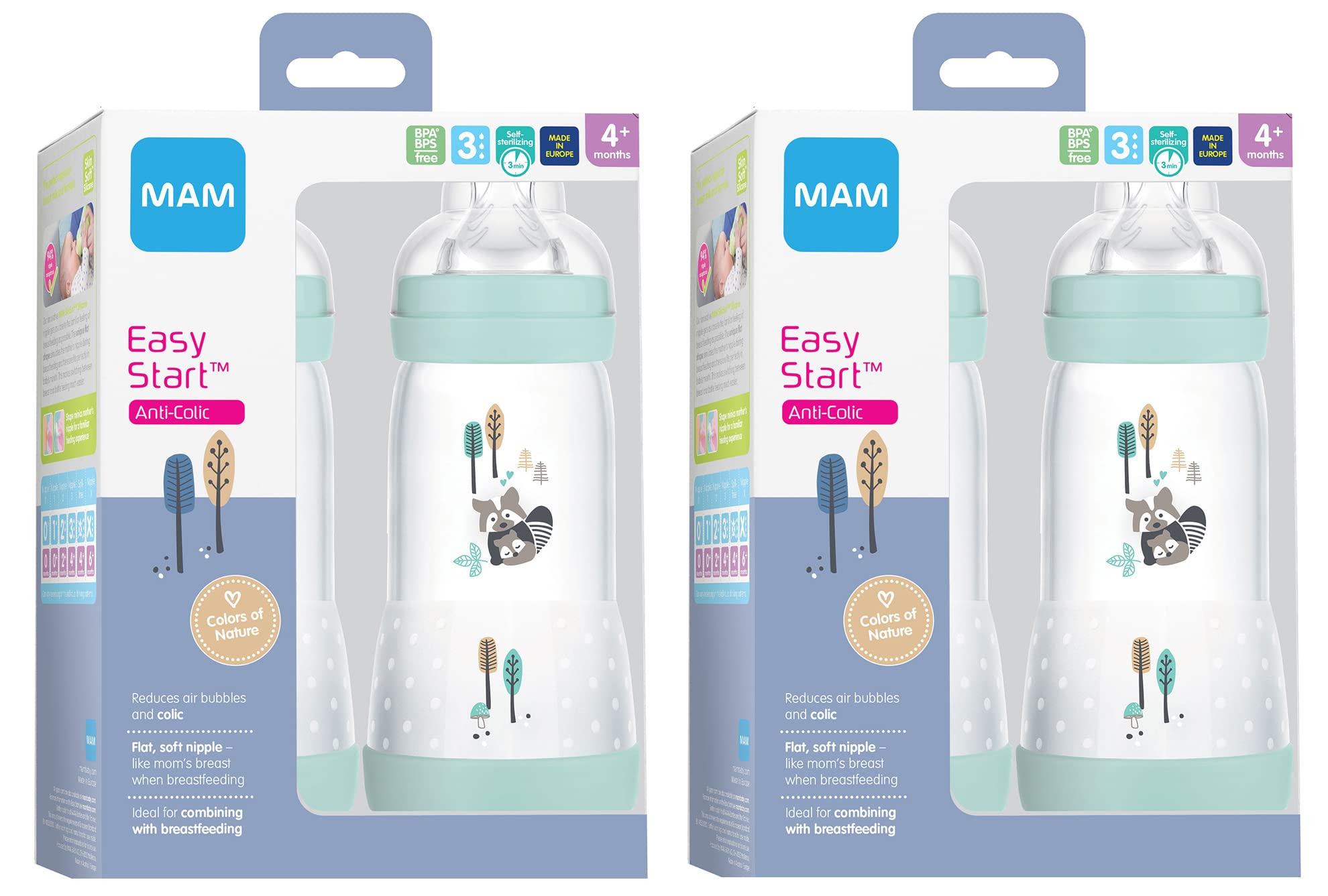 MAM Easy Start Anti-Colic Fast Flow Bottles, 11 oz. (4-Count), Easy Switch Between Breast and Bottle, Reduces Air Bubbles and Colic, 4+ Months, Matte/Boy