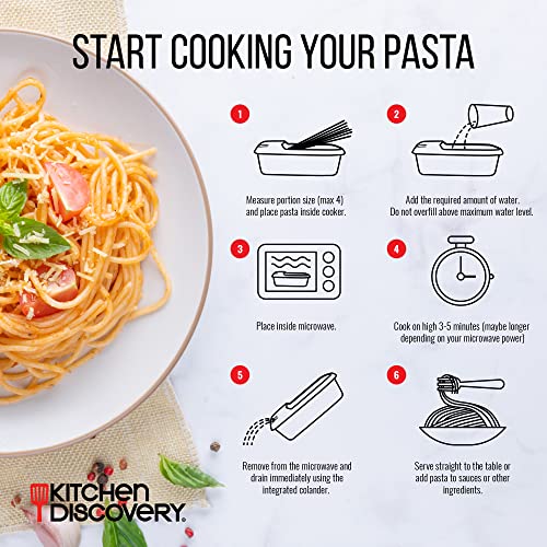 Kitchen Discovery Microwave Pasta Cooker- No Boil, No Mess, No Stick Pasta Cooker With Strainer Ready In As Little As 10 Minutes for up to 4 Servings