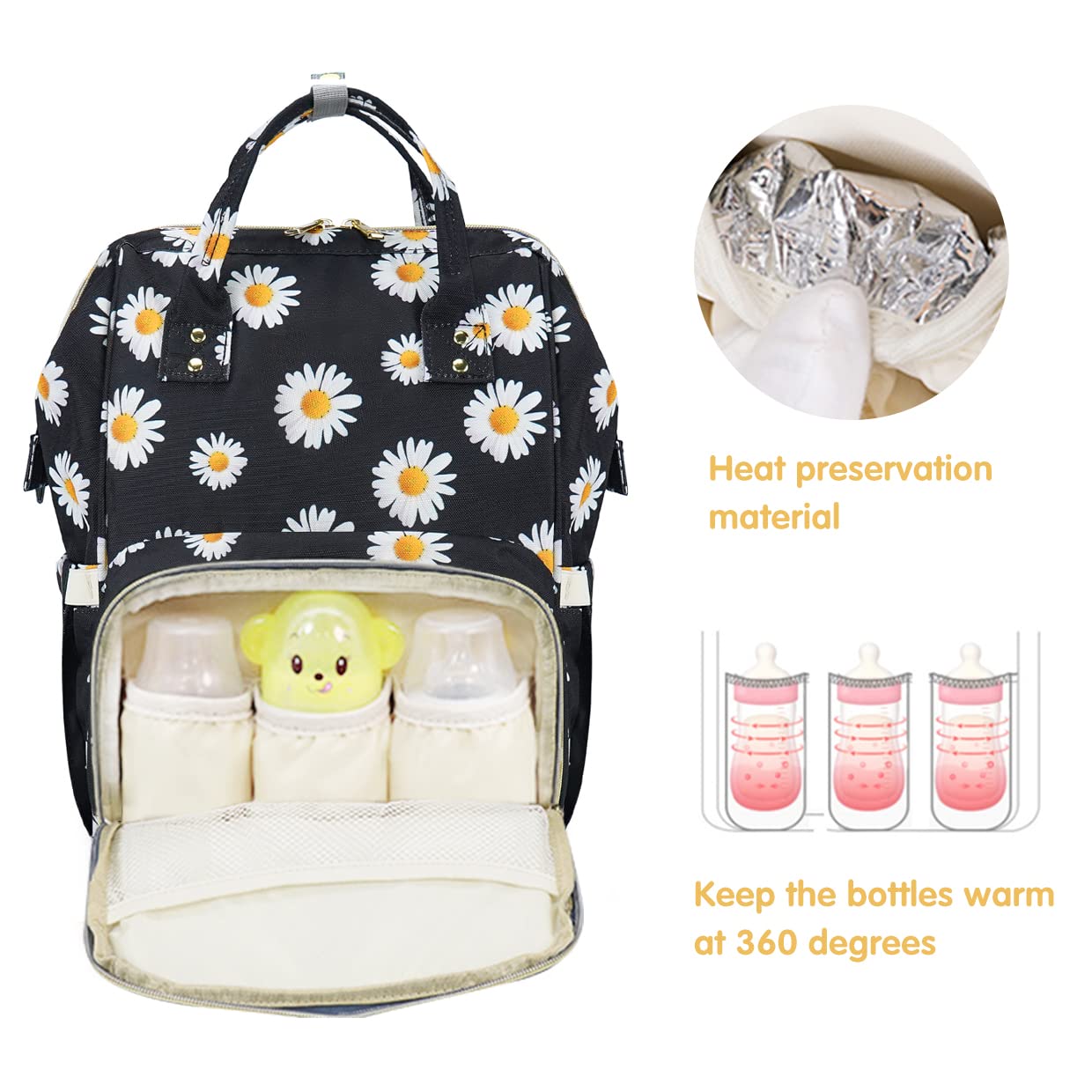 MCWTH Daisy Diaper Bag Backpack for Baby Girls, Multifunction Nappy Bags for Women Maternity (Black)