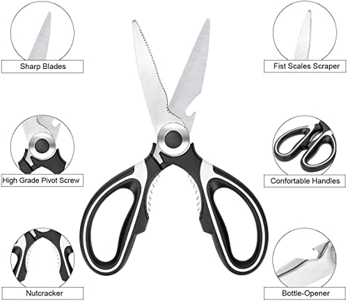 Kitchen Shears Multi Purpose Strong Stainless Steel Kitchen Utility Scissors with Cover Poulry,Fish, Meat, Vegetables Herbs, Bones, Dishwasher Safe (Black)