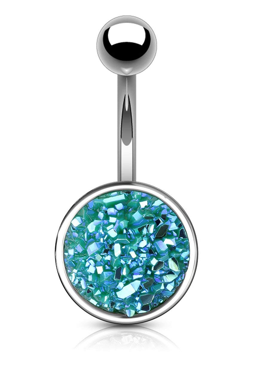 Forbidden Body Jewelry 14g Surgical Steel Synthetic Druzy Stone Round Belly Button Ring, Green