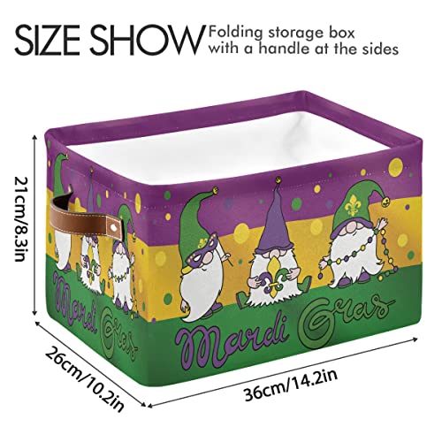 Mardi Gras Gnomes Storage Basket Fabric Laundry Baskets Gold Green Purple Fleur de Lis Mask Beads Confetti Feather Storage Boxes Organizer Bag for Baby Toy Book Storage Cubes Shelf Closet Bins 16×12×8