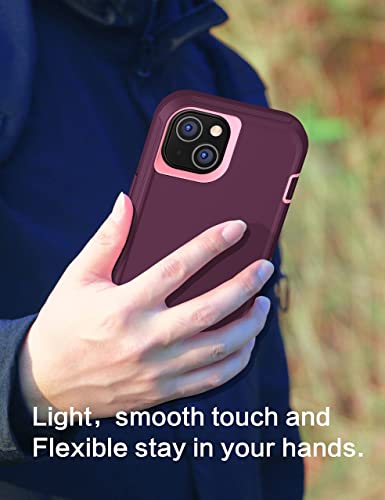 MXX Case for iPhone 13, with Tempered Glass Screen Protector,Camera Lens Protector 3-Layer Full Heavy Duty Body Bumper Cover Shockproof Protection Dustproof, for iPhone 13 6.1" (Plum/Light Pink)