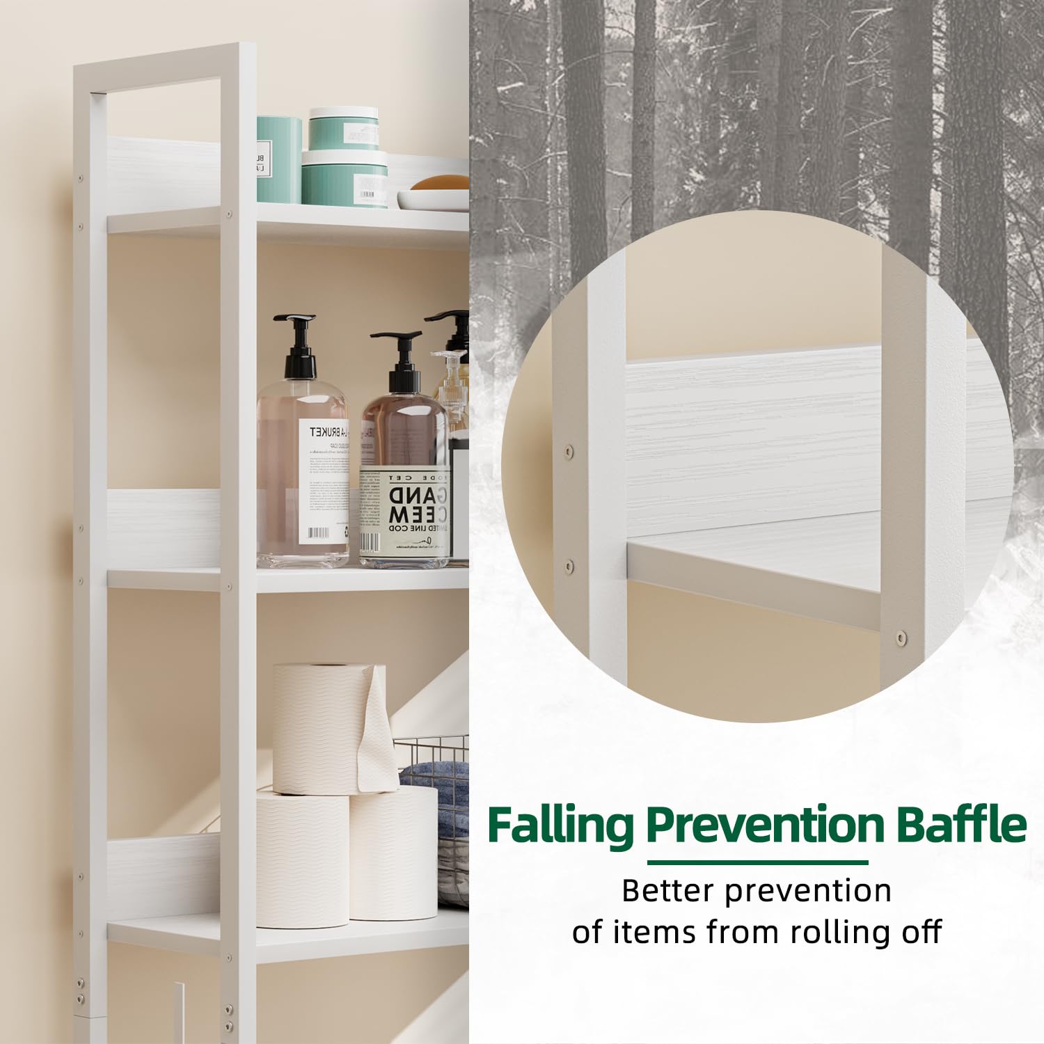 OTK Over-The-Toilet Storage with 7-Tier Bathroom Organizer Shelf, Side Storage Open Shelf, Freestanding Space Saver with Hooks & Adjustable Feet, Toilet Rack for Bathroom, Restroom, Laundry, White