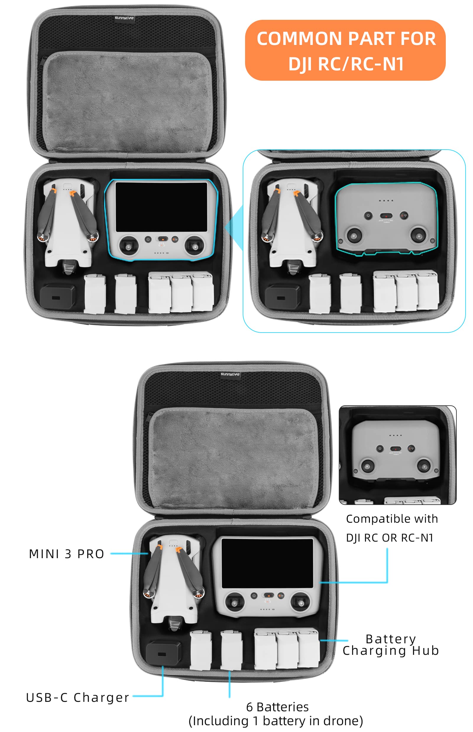 Mirvyagr Mini 3 Pro Portable Carrying Case,6 Batteries Storage Space,Large Capacity Travel Bag Compatible With DJI Mini 3 Pro Accessories(RC/RC-N1)