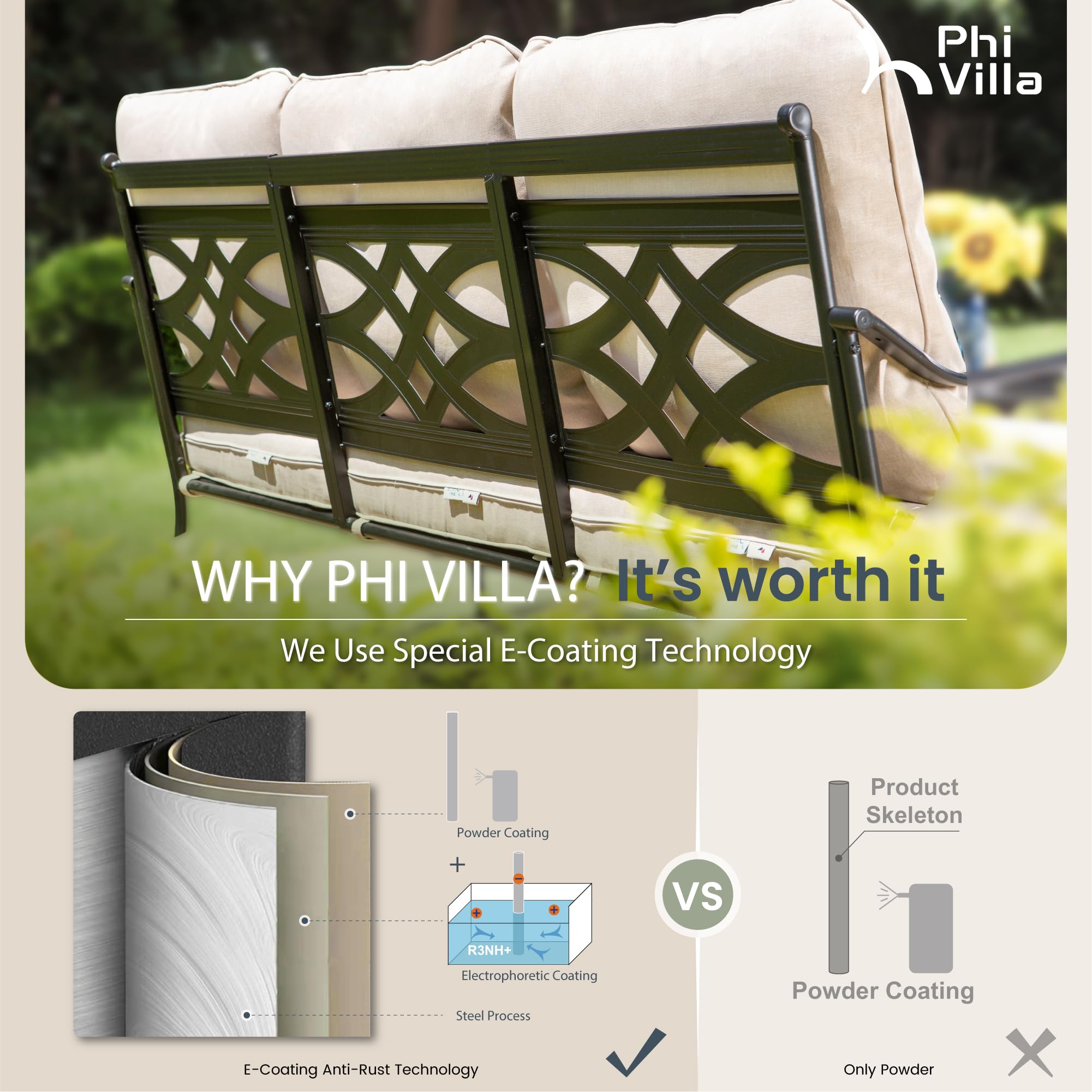 PHI VILLA Metal Patio Outdoor Furniture Sets,Large Heavy Duty Patio Conversation Sets for Backyard, Porch and Garden(Beige, 6 pcs w/Table)