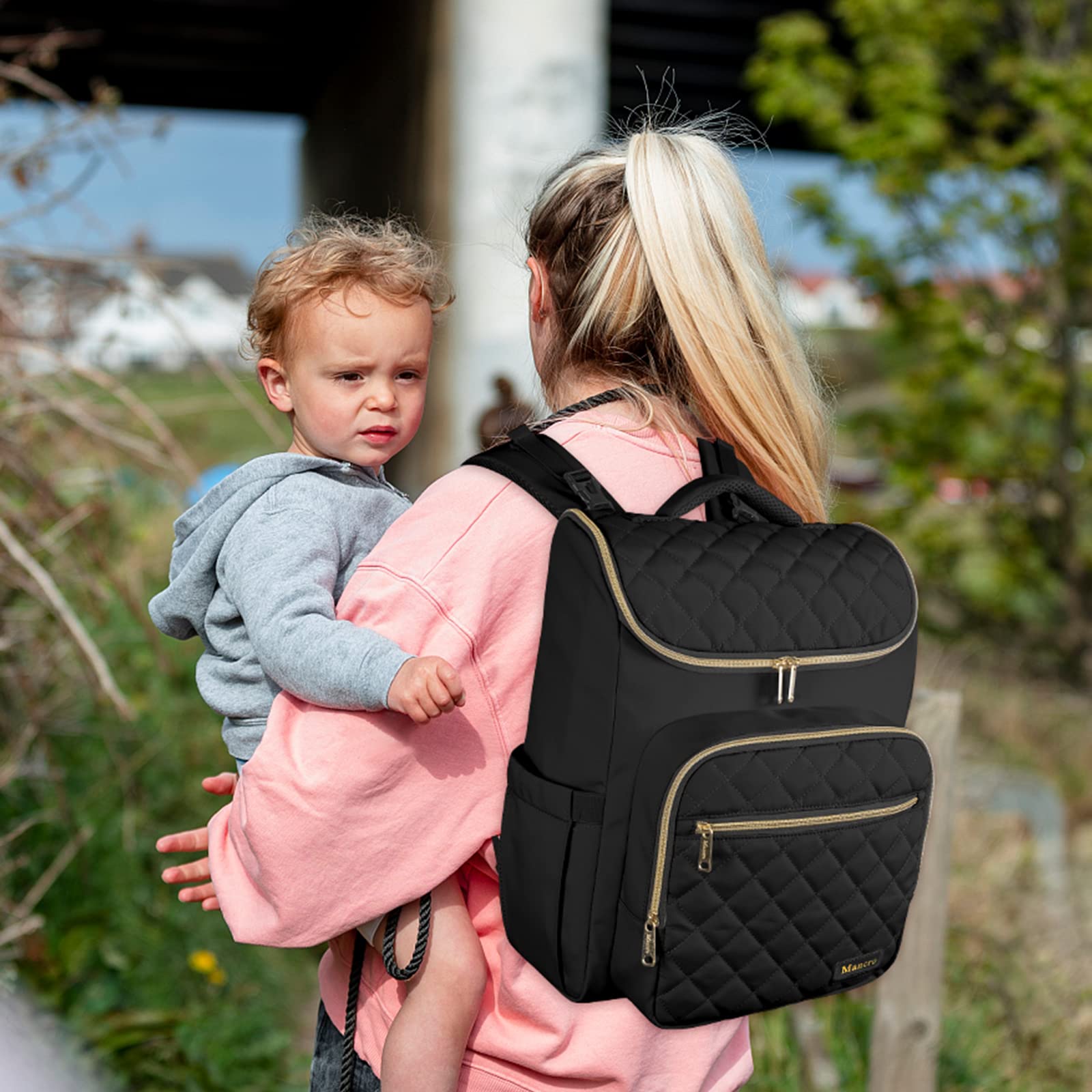 Mancro Diaper Bag Backpack, Multipurpose Travel Diaper Backpack with Stroller Strap and 2 Insulated Pockets, Waterproof Baby Backpack Diaper Bag for Mom and Dad, Black