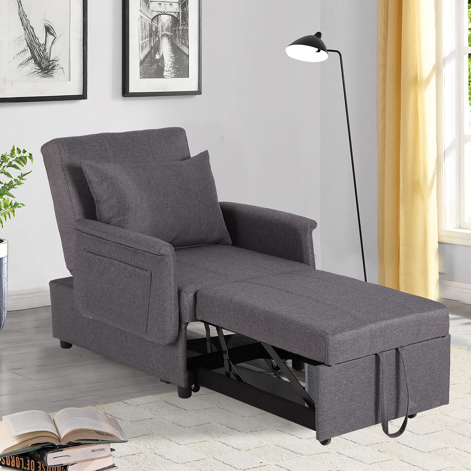 OQQOEE Sleeper Chair, 3 in 1 Chair Bed Sleeper for Adults, Pull Out Sleeper Sofa Convertible Single Lounge Chair with Pillow, Side Pockets for Living Room Small Space (Dark Grey)…