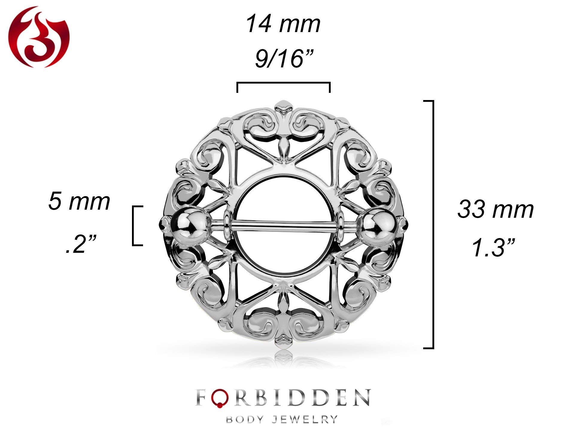 Forbidden Body Jewelry Pair of Surgical Steel Sexy Heart Nipple Piercing Shields, 9/16 Inch Barbells, Silver Tone