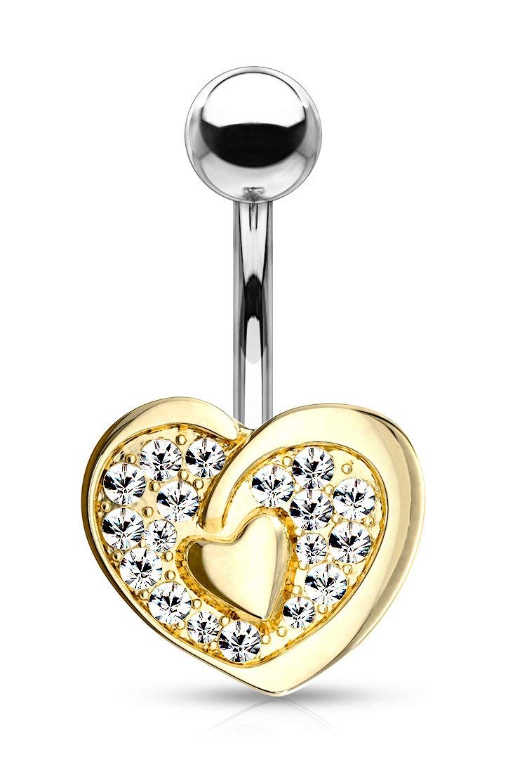 Forbidden Body Jewelry Surgical Steel Fancy Pave CZ Double Heart Belly Button Ring, Gold Tone