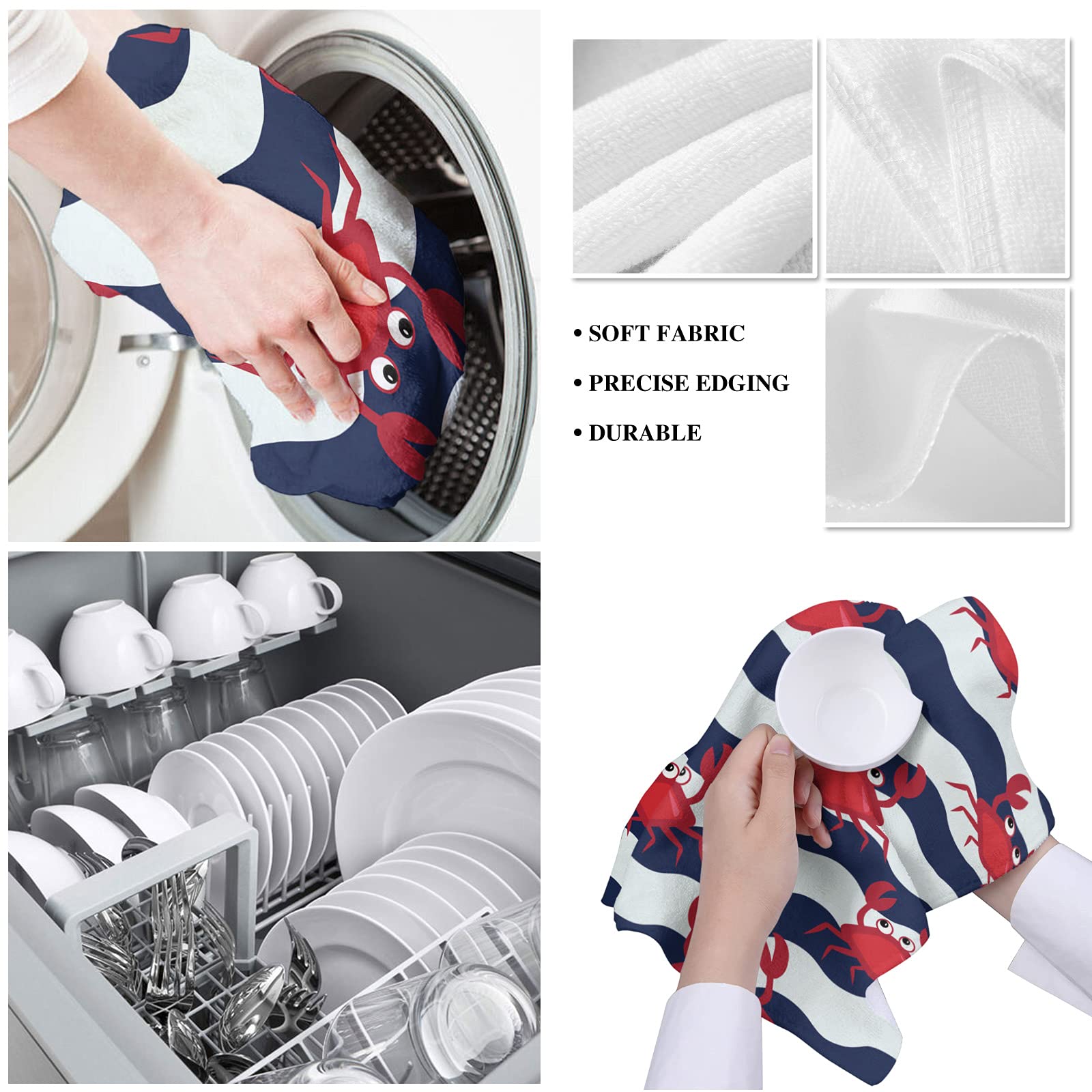 Kitchen Dish Towels 2 Pack-Super Absorbent Soft Microfiber,Cartoon Crab on Stripes Cleaning Dishcloth Hand Towels Tea Towels for Kitchen Bathroom Bar