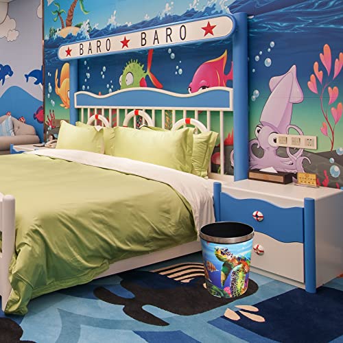 Sea Turtle Trash Can, 12 Liter/2.6 Gallon PU Leather Trash Cans, Garbage Can with Press Ring, Decoration Waste Paper Basket, Container Trash Bin for Ocean Room, Children's Bedroom, Home, Office