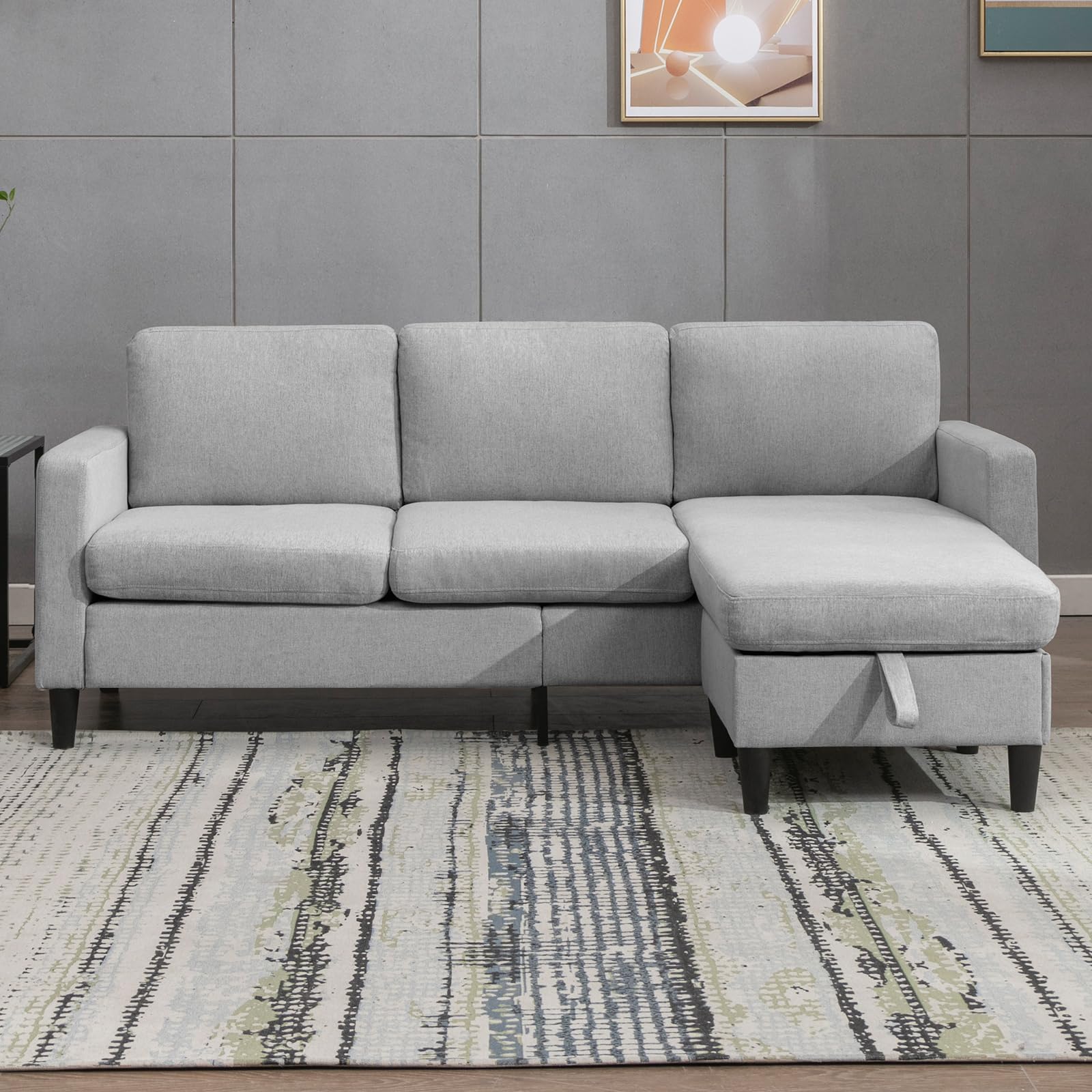 MUZZ 85" Oversize Modular L-Shaped Sofa with Storage Chaise,Combination Sofa with Movable Ottoman and Modern Linen Fabric,3-Seat Sectional Couch for Living Room and Office,Light Grey