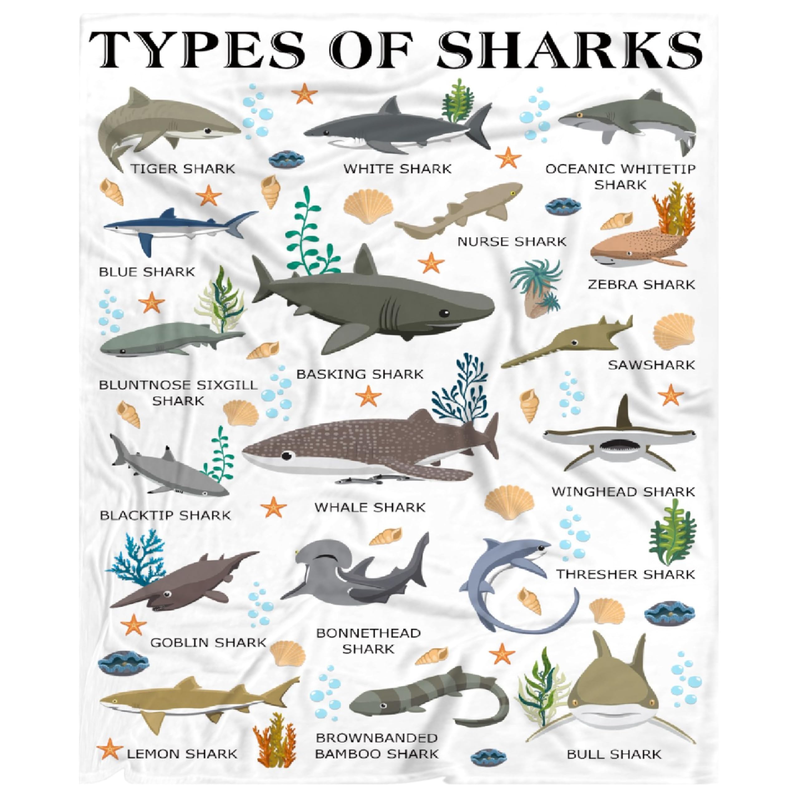 Shark Blanket Shark Gifts for Kids Boys Girls Shark Lovers Types of Sharks Plush Cozy Flannel Cute Animal Educational Throw Sheet 50" X 40" Decor for Couch Daycare Nap Birthday Decorations Bedroom