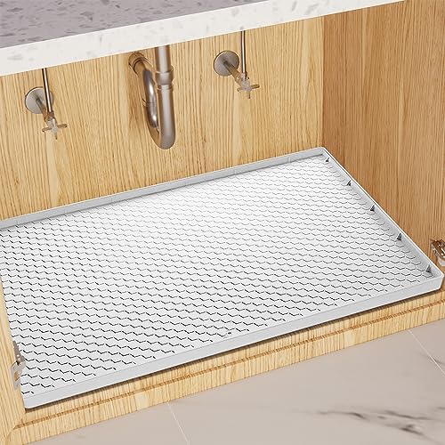 Sdpeia Under Sink Mat, 34" x 22" Flexible Silicone Under Sink Liner with Drain Hole,Protector for Drips Leaks Spills,Kitchen Bathroom Pet Cabinet Mat (White)