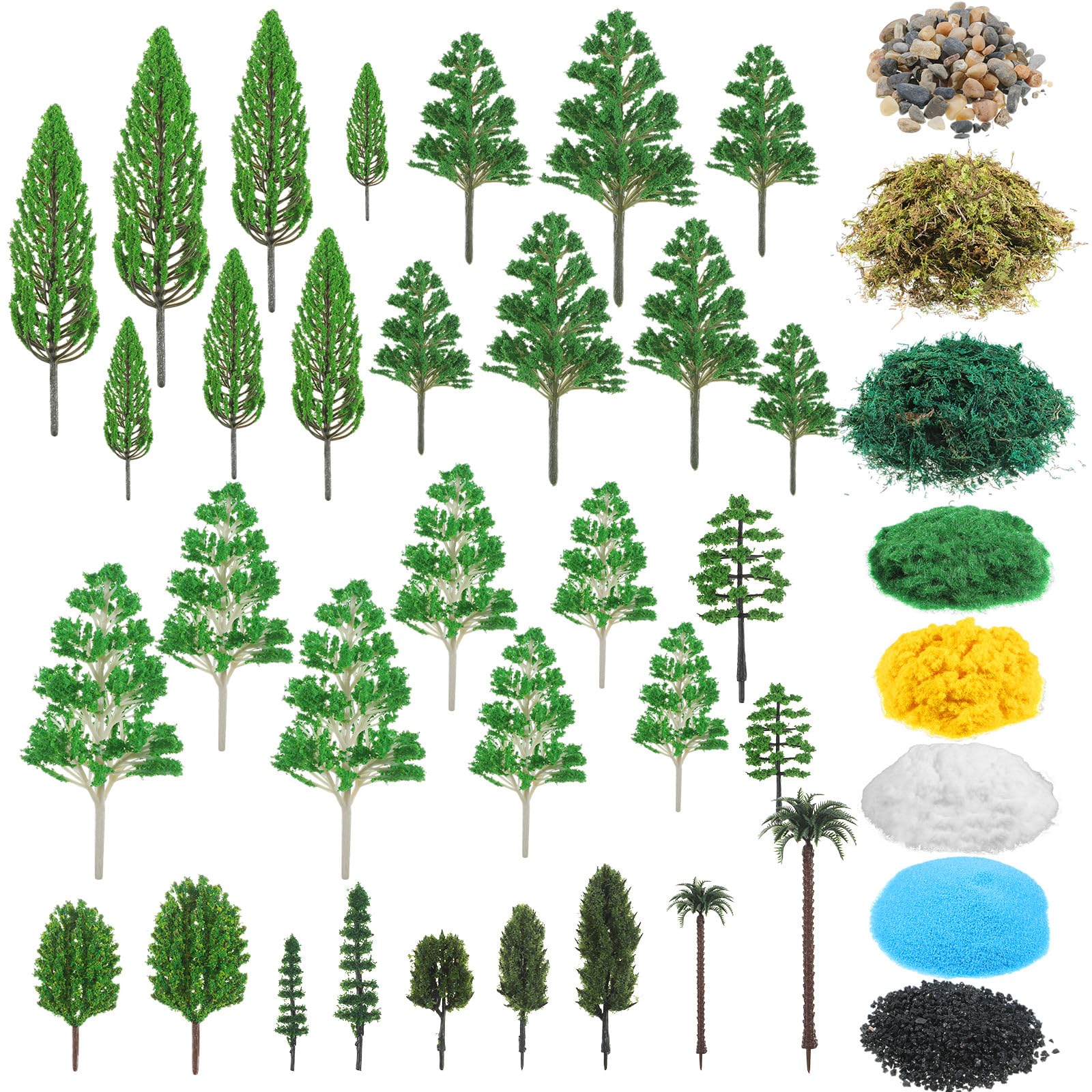 Thiccywoov 40 Pcs Diorama Supplies Kit Include 32 Miniature Trees 1.2-6.2 Inch Mini Mixed Model Trees Plastic Fake Architecture Trees 8 Bags Scenery Basing Material Kit for DIY Craft (Scenery Trees)