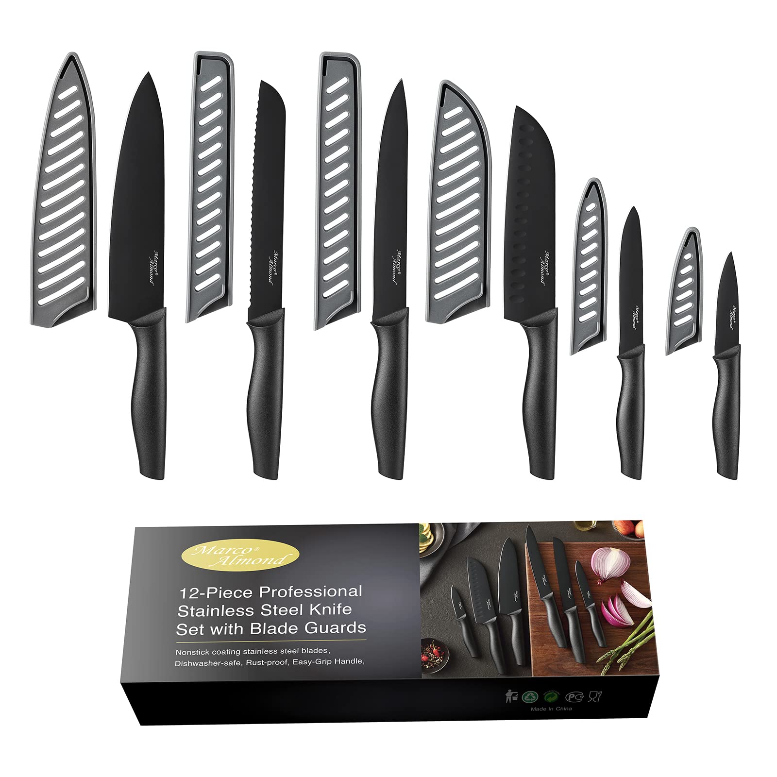 Marco Almond KYA38 Kitchen Knife Sets + KYA59 Titanium Coated Stainless Steel Long Handle Spoons