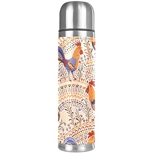 Seamless Art Cock Rooster Stainless Steel Water Bottle, Leak-Proof Travel Thermos Mug, Double Walled Vacuum Insulated Flask 17 OZ