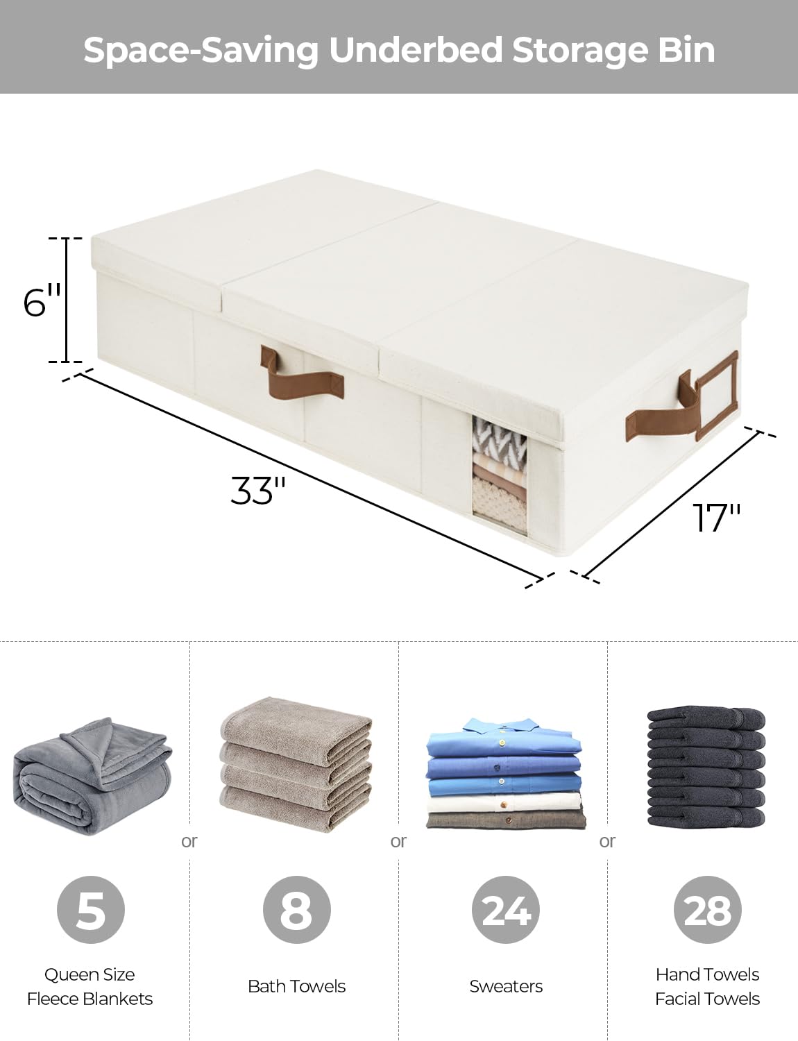 StorageWorks Under Bed Storage with Lid, Underbed Storage Containers with Handles, Underbed Organizer for Bedroom, Foldable Clothing Storage Bins, Box for Blankets, Large, Beige, 2-Pack