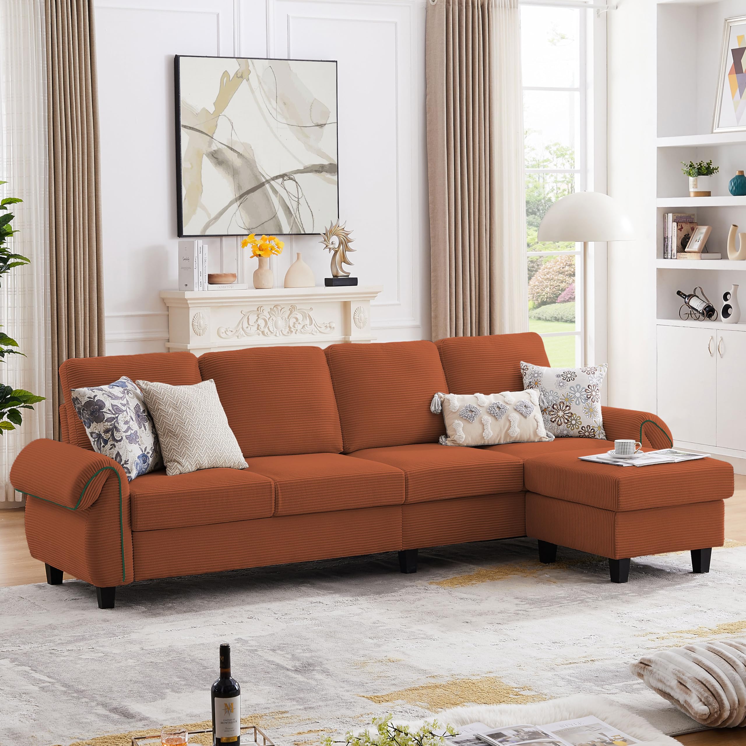 Pingliang Home 112" Sectional Sofa Couch, 4 Seat L Shaped Couch with Reversible Ottoman and Wooden Legs, Modern Polyester Fabric Couches for Living Room Apartment Office, Orange