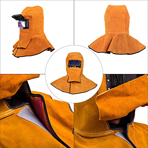 Leather Welding Mask, Leather Welder Hood Leather Mask Welder Helmet with Auto Darkening Filter Lens, Work Cap Welding Helmet, Yellow (Full Face+Neck Shoulder Coverage)