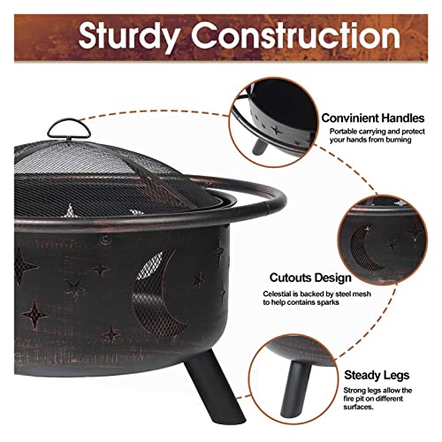 LIUXUEFE Outdoor Fire Pit, 30-inch wo-od-Burning Steel Grill, Fire Pit Bowl with Mesh Fire Pits, Fireplace Suitable for Backyard Camping and Picnic