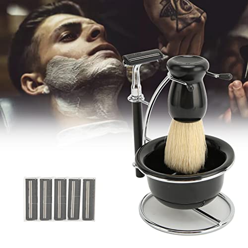 Manual Hair Trimmer Kit Beard Care Cleaning Tool Set 5 in 1 Shaving Brush for Men, Hair Brushes with Solid Wood Handle and Stand Wet Foaming Bowl