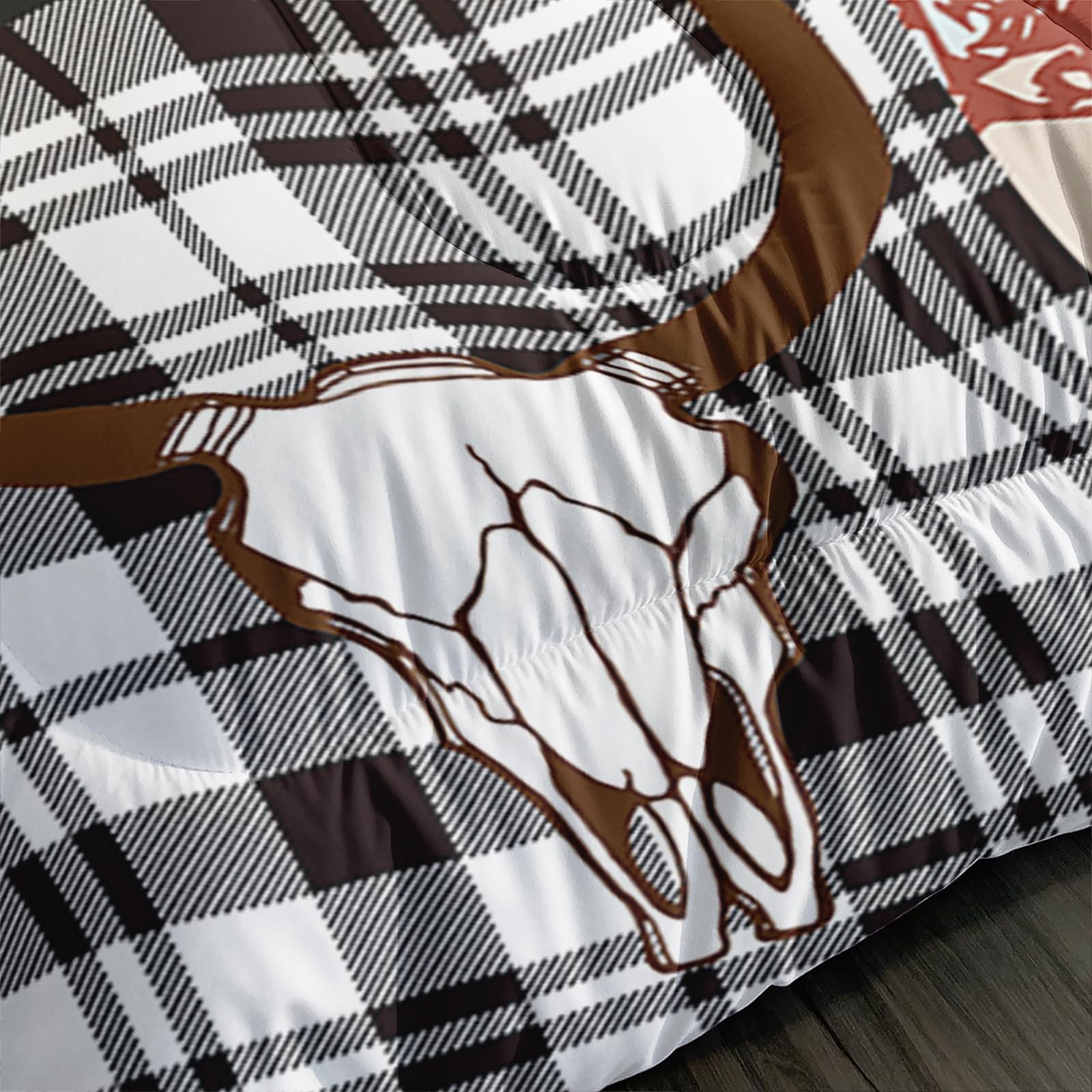 Ntlfup Western Cowboy Comforter Set Queen Size, Bull Skull and Horse Print Quilt Set with 2 Pillowcases, Bedroom Decor for Kids Boys Teens
