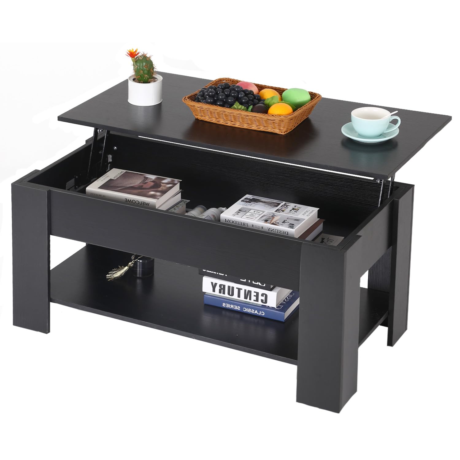 MGHH Wooden Lift Top Coffee Table Furniture with Storage Shelf and Hidden Compartment Lift Tabletop Dining Table for Home Office,Black